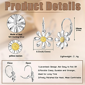 MILACOLATO 925 Sterling Silver Daisy Earrings 18K White Gold Plated Leverback Earrings Dainty Daisy Flower Drop Dangle Earrings Hypoallergenic Daisy Flower Jewelry Gifts for Women for Sensitive Ears-1