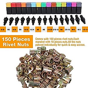 AIUITIO 16" Rivet Nut Tool, Rivnut Tool Kit with 15 Metric and SAE Mandrels, Nutsert Rivet Tool Set with 150Pcs Rivnuts