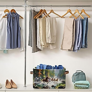 STAYTOP Large Storage Basket Collapsible Toy Storage Bins Waterproof Laundry Basket with Handle.Used for Home Closets, Offices, Bedrooms, Kids Toy and Gift Baskets-Running Horses（Rectangular）2PCS