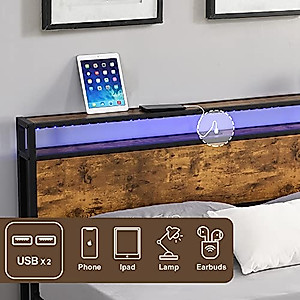 SYING88 Industrial Queen Bed Frame with LED Lights and 2 USB Ports, Bed Frame Queen Size with 2-Tier Storage Wooden Headboard, Noise Free, No Box Spring Needed, Rustic Brown (Queen)