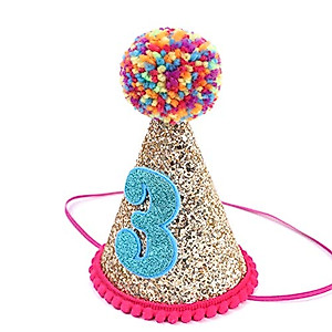 Baby's Cone Hat for 3rd Birthday Celebration - Colored Fur Balls Glitter Crown Cap with Handmade Details for Girls/Boys