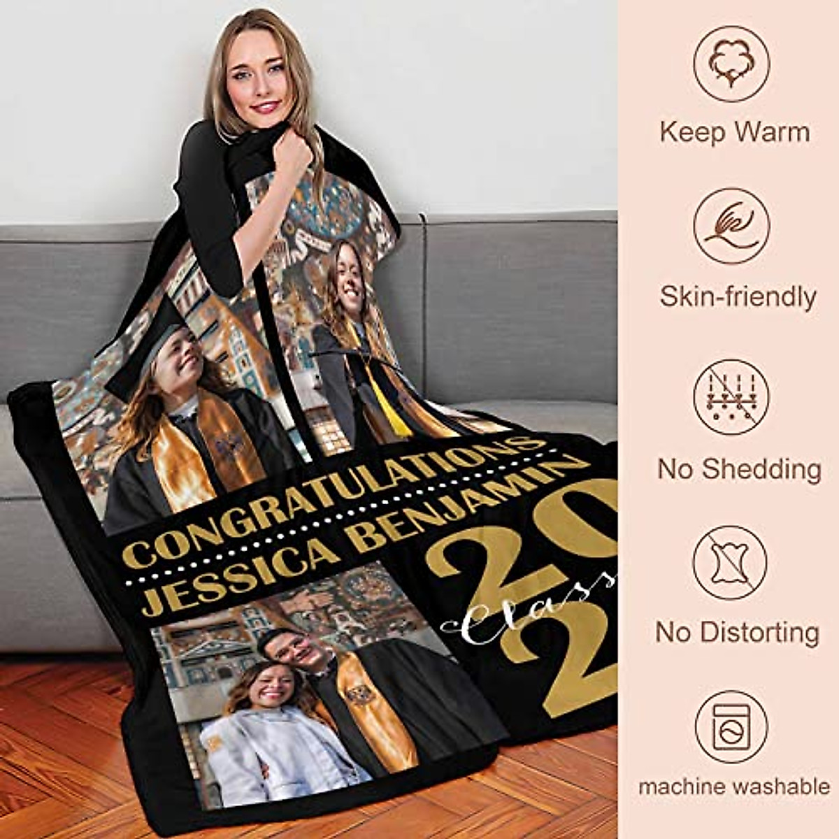 YESCUSTOM Custom Graduate Blanket with Photo Collage Personalized Picture Blanket for Class of 2023 Graduates Customized Throw Blanket Gifts for Graduation Friends Classmates