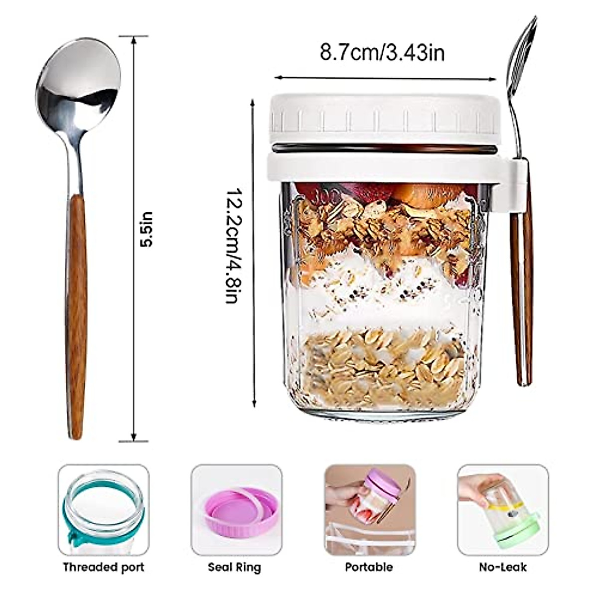 CAKRETY 2 Pack Overnight Oats Containers with Lids and Spoons, 16 oz Glass Mason Overnight Oats Jars, Large Capacity Airtight Jars for Milk, Cereal, Fruit