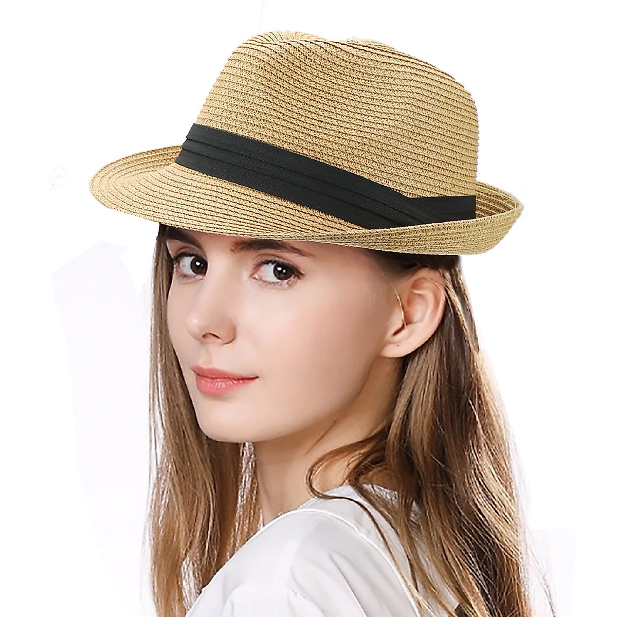 Womens-Sun-Hat Summer-Straw-Fedora Hat Foldable-Panama Beach-Sun Hat Short Brim Trilby-Hat - M-L Adjustable String Bulit-in Khaki