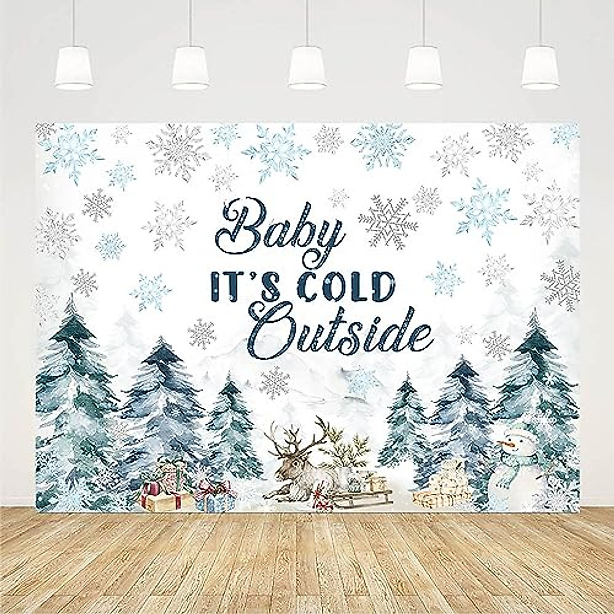 AIBIIN 7x5ft Winter Baby Shower Backdrop Baby It's Cold Outside Party Decoration Supplies Pine Tree Xmas Gift Reindeer Blue Silver Snowflake Wonderland Photography Background Banner Photo Studio Prop