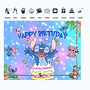 Stitch 1st Birthday Decorations Banner for Boy 5x3ft Happy Birthday Lilo and Sticth BackdropVinyl Pink Angel and Stitch First Birthday Background for Party Supplies