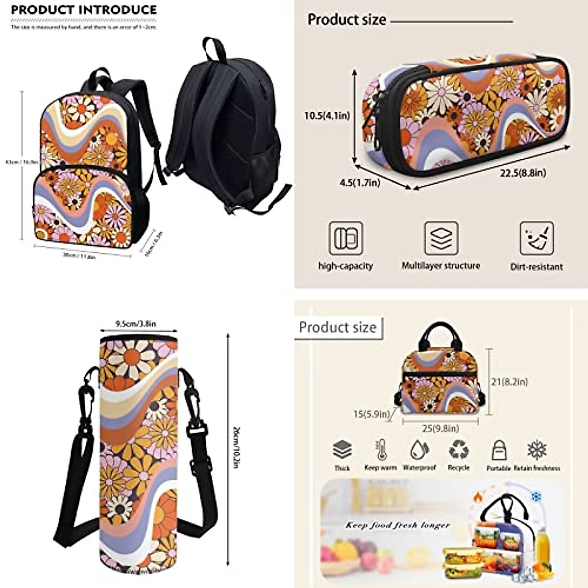 FUIBENG 4 Pcs Backpack for School,Abstract Hippie Groovy Flower Bookbag+Neoprene Insulated Water Bottle Holder With Adjust Strap Lunch Box +Pen Case Boys Girls Back to School Gift