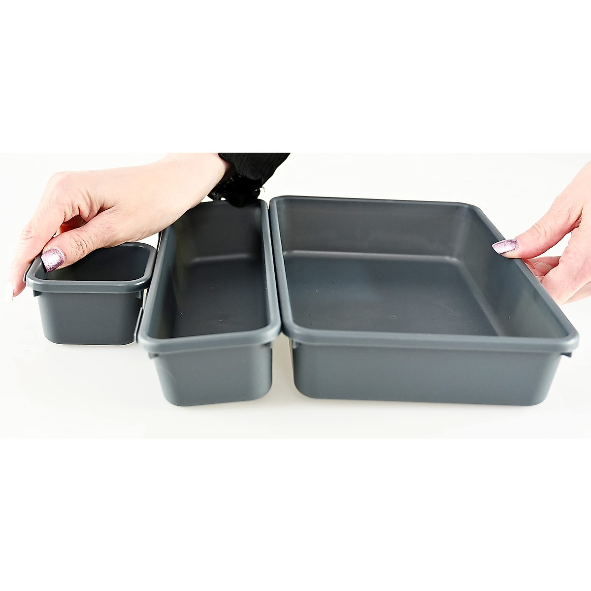 HOME-X Connecting Organizer Trays, Set of Interlocking Adjustable Trays for Organizing Office Supplies and Kitchen Utensil Drawers, Set of 8, 3 Sizes, Gray