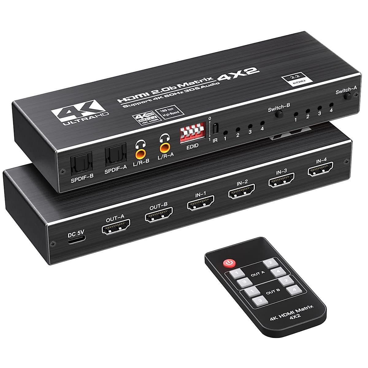 ZPTEK 4K HDMI Matrix Switch 4 X 2,4 in 2 Out Video Switcher Splitter, Optical and LR Audio Outputwith IR Remote Controller,Support 4K@60Hz 3D 18.5Gbps x 3 Data Rate, HDMI 2.0b, HDCP 2.2, MH42-C1