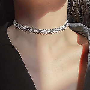 JEAIRTS Rhinestone Choker Necklace Silver Diamond Row Necklaces Sparkly Crystal Necklace Chain Jewerly Fashion Minimalist Party Prom Accessories for Women and Girls (Style 1)