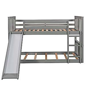 Tidyard Twin Over Twin Bunk Bed with Slide and Ladder, Wood Bed Frame Gray for Bedroom Dorm Guest Room Home Furniture