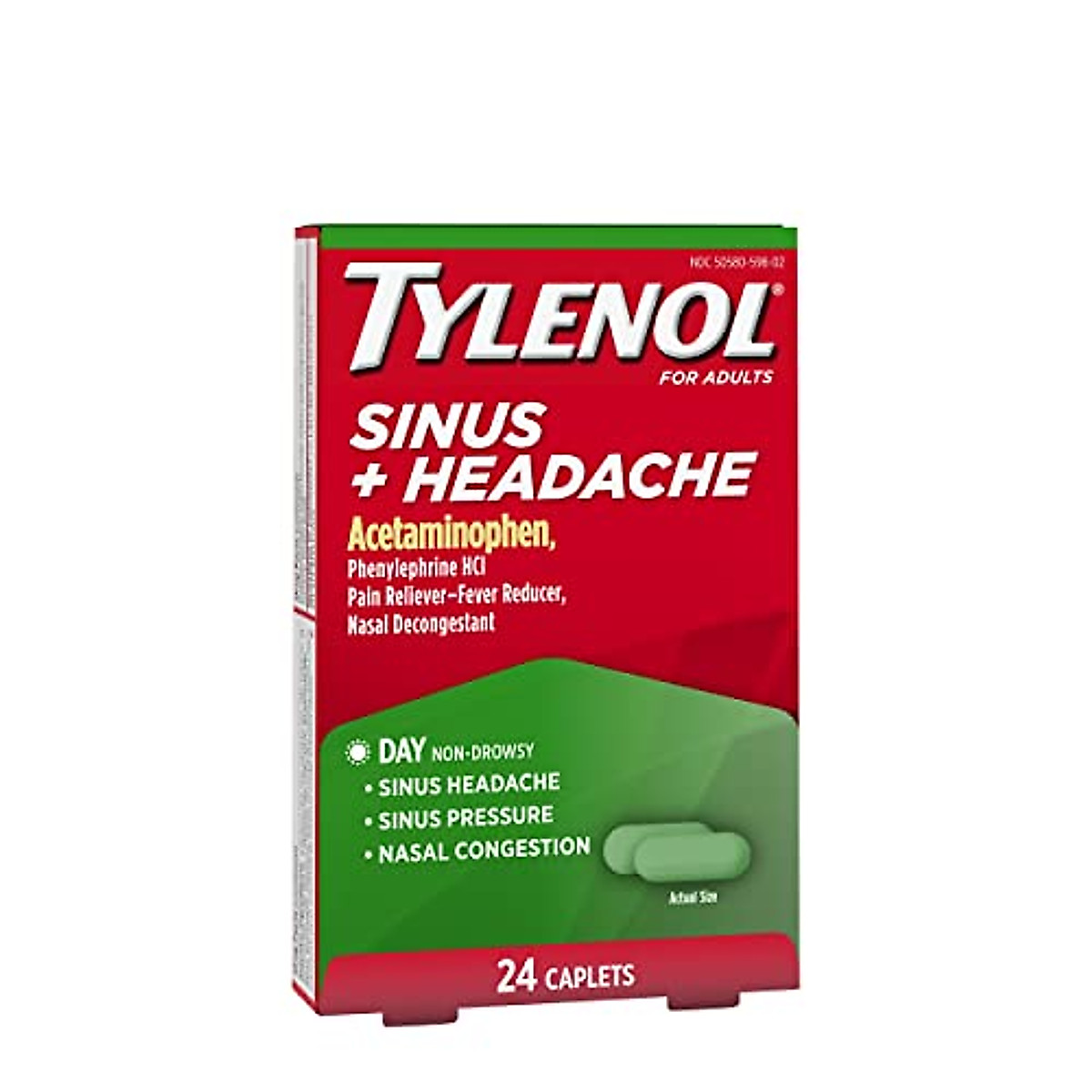 Tylenol Sinus + Headache Daytime Non-Drowsy Relief Caplets, Acetaminophen 325mg, Nasal Decongestant for Sinus Pressure, Headache & Nasal Congestion Relief, 24 ct