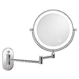 ALVOROG Wall Mounted Makeup Mirror 8 inches LED Touch Screen Adjustable Light Double Sided 1X/5X Magnifying Vanity Mirror Swivel Extendable for Bathroom Hotels Powered by Batteries (Not Included)