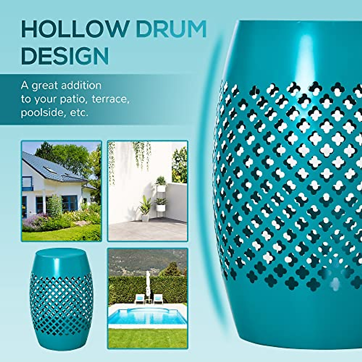 Outsunny 12.5" Steel Patio End Table, Round Hollow Drum Side Table, Accent Table for Indoor and Outdoor, Blue