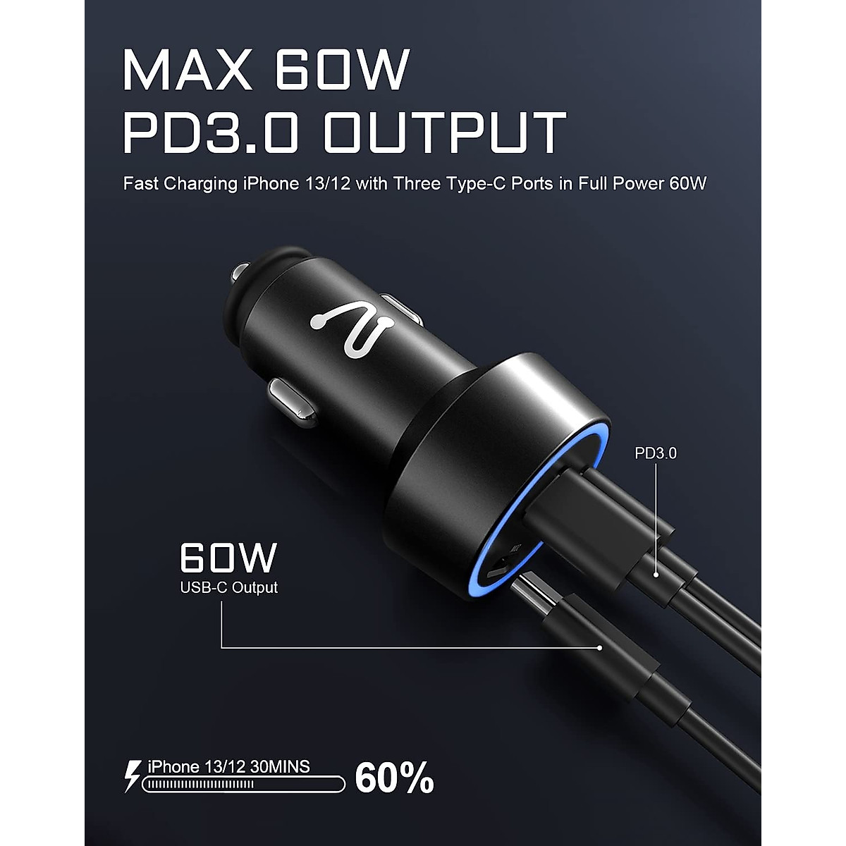 USB C Car Charger, Aergiatech 60W(20W Each) PD 3.0 Fast Car Charger Adapter 3-Port, Type C Car Charger Compatible with iPhone 13/13 Pro/12/12 Pro/11/X/SE, Galaxy S21/S20/Note20, iPad,Black