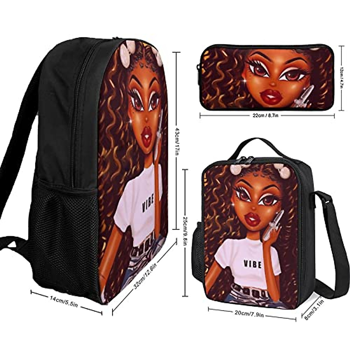 JYSDZSE African Girls 3D Printed Backpack 17 Inch Set School Bag/Crossbody/Pencil Bag Three Piece Backpack for Men and Women