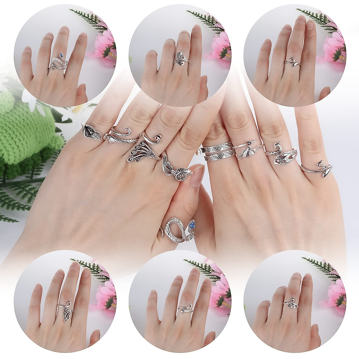 DEPAADER 10 Pcs Crochet Ring - Adjustable Crochet Ring Finger Yarn Guide Knitting Tension Rings for Crocheting Cat Snake Yarn Ring for Women
