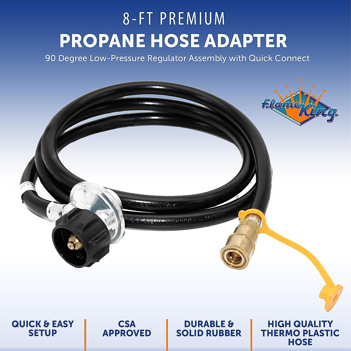 Flame King 90 Degree Low-Pressure Propane Gas Regulator Hose with Quick Connect for RVs, Grills, Heaters, Burners, 8 Feet - LPRH8