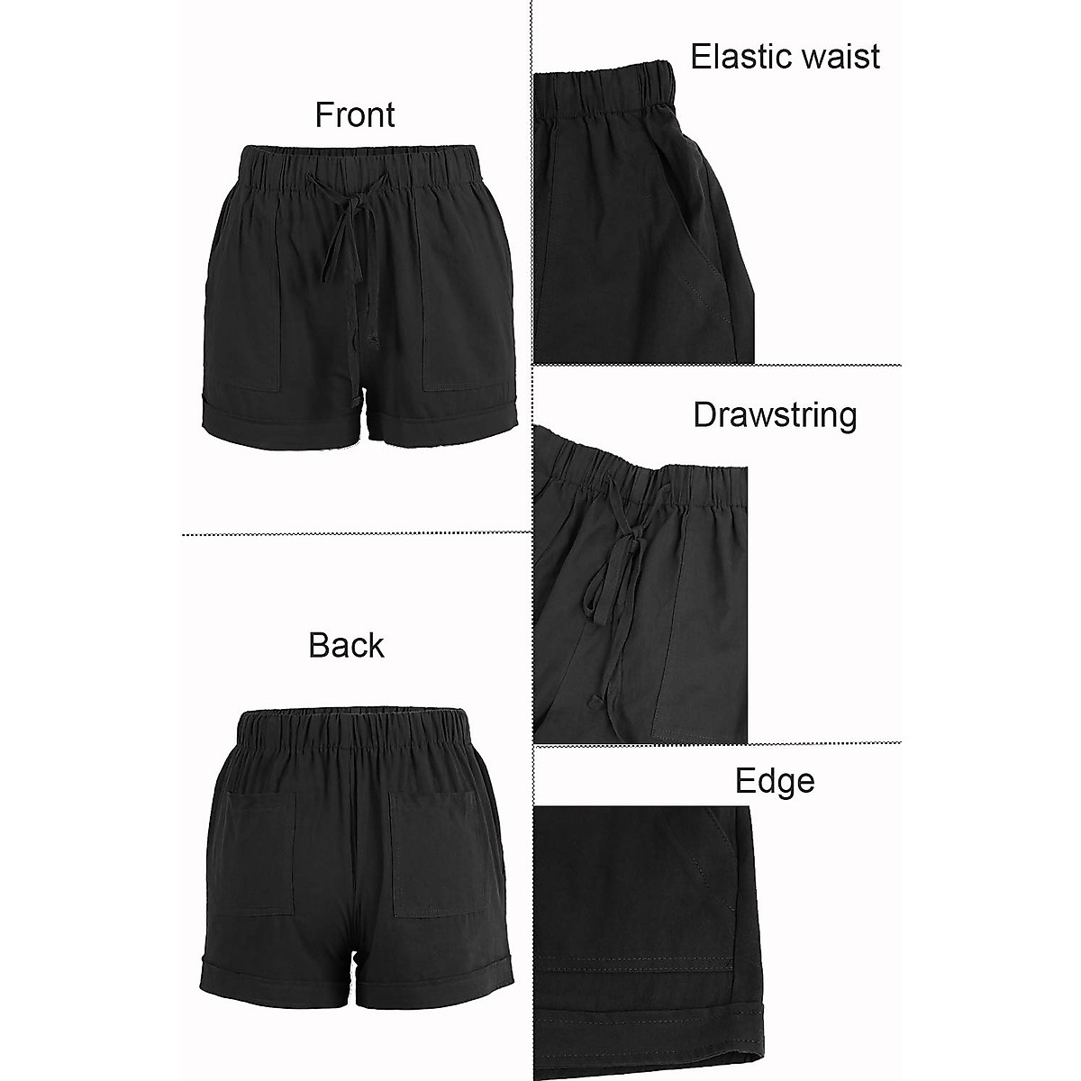 Mosucoirl Women Comfy Drawstring Casual Elastic Waist Pure Color Shorts Summer Beach Lightweight Short Pants with Pockets(A Black,X-Large)