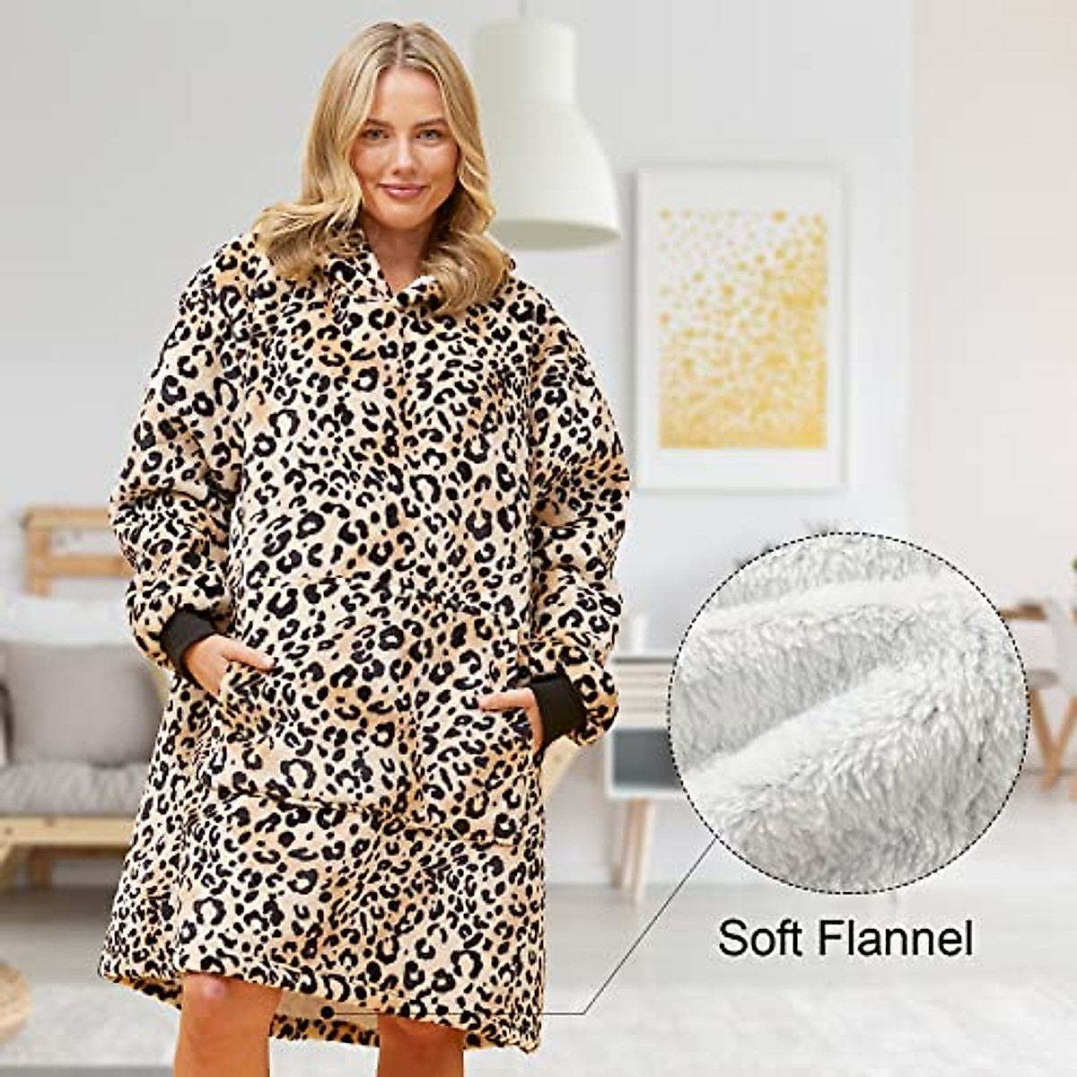 ANDSTAR Wearable Blanket Hoodie, Oversized Hooded for Women and Men, Comfy Sweatshirt with Giant Pocket （Leopard Print）