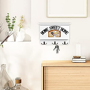 HRONRAD Farmhouse Key Holder for Wall Decorative, Home Sweet Home Decor, 3 Double Metal Key Hooks and 4 Hidden Push & Pull Cover Key Hangers, Rustic Wooden Wall Mounted Key Racks for Entryway (White)