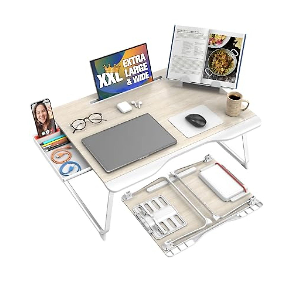 Cooper Mega Table Plus [Premium XXL Extra Large] Laptop Lap Desk & Book Stand | Multifunctional Foldable Lap Desk, Laptop Desk for Bed, Portable Desk, Laptop Pad, Lapdesk Laptop Lap Tray (White Oak)