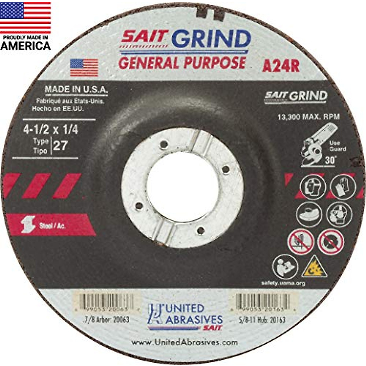 United Abrasives-SAIT 20063 A24R General Purpose/Long Life Grinding Wheel (Type 27/Depressed Center) 4 1/2" x 1/4" x 7/8", 25-Pack
