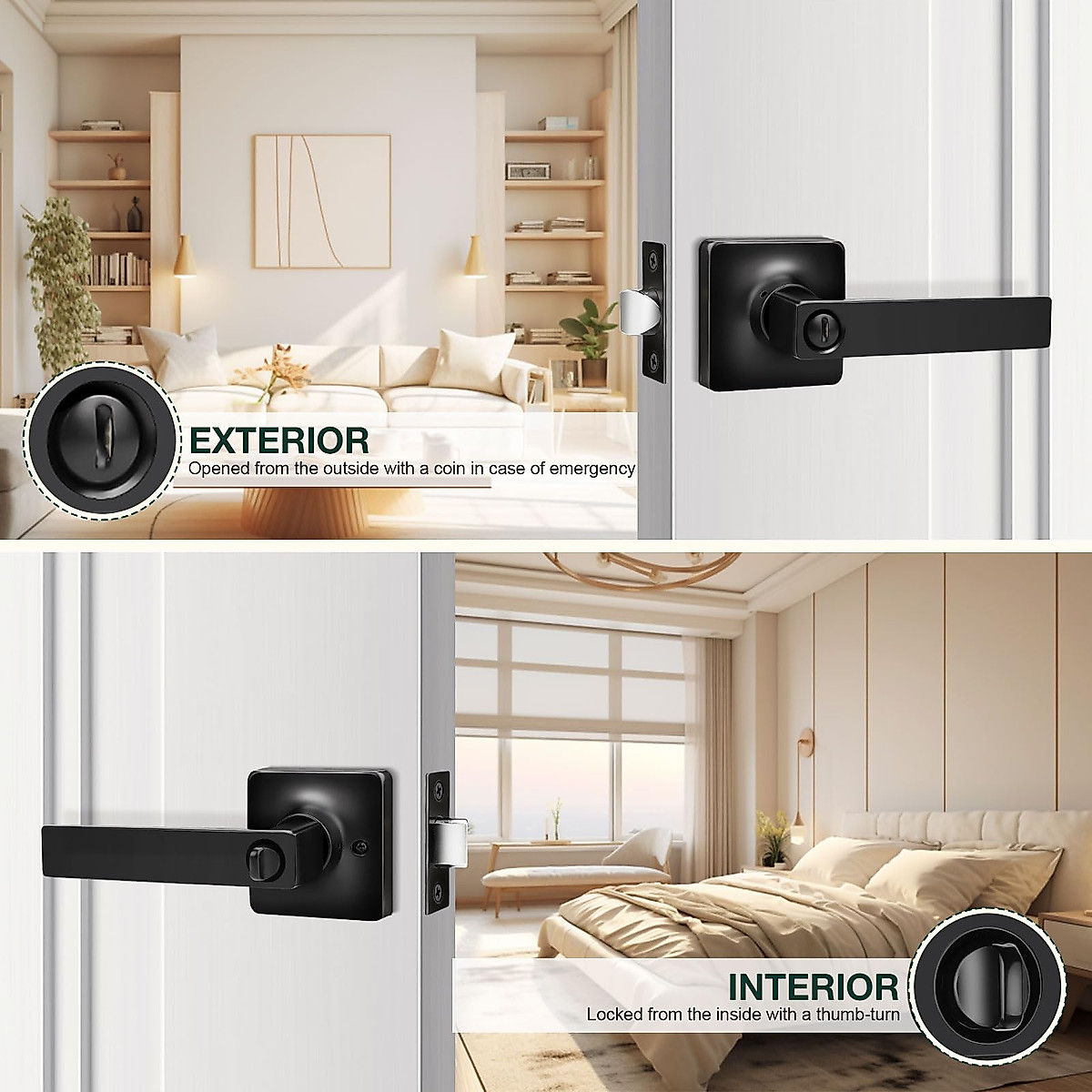 GOBEKOR 6 Pack Matte Black Door Handle Privacy Door Levers Interior Door Handles with Lock Square Bedroom Bathroom Door Locks Modern Black Interior Door Hardware