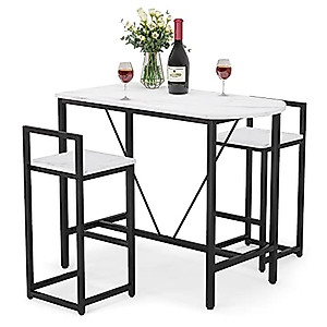 Tribesigns 3-Piece Bar Table Set, Kitchen Pub Dining Table with 2 Bar Stools, Small Space Counter Height Breakfast Table Set with Faux Marble Tabletop for Apartment, White