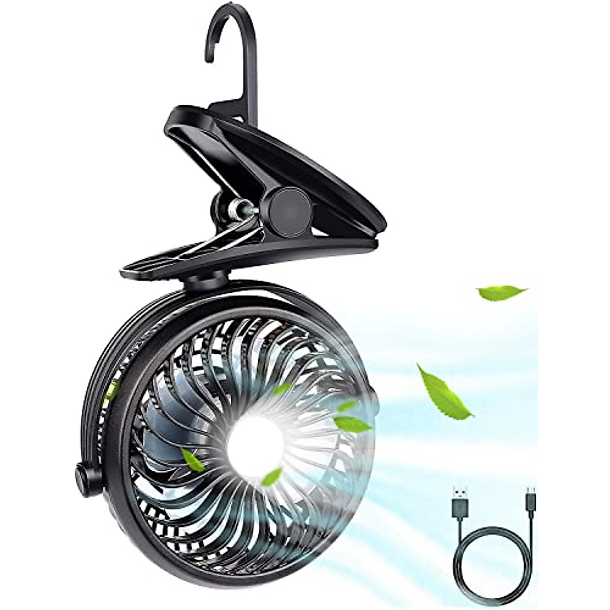 AJOYEUX Battery Operated Clip on Fan, Portable Rechargeable USB Personal Fan 3 In 1 with hook and LED for camping, stroller, car seat, office