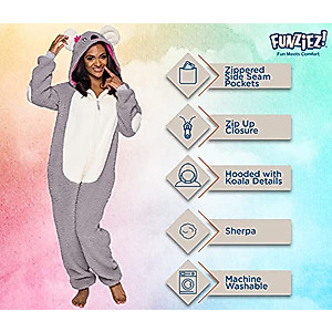 Funziez! Slim Fit Sherpa Adult Onesie - Animal Halloween Costume - Plush One Piece Cosplay Suit for Women and Men Koala