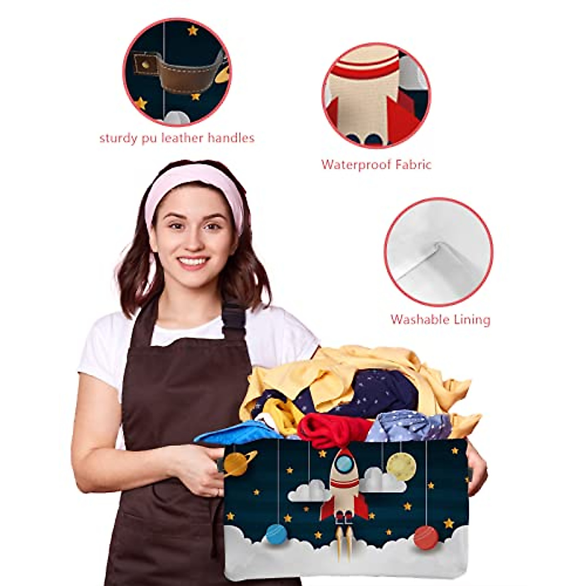 Storage Bins, Space Theme Cute Rocket Planet Pattern Storage Baskets for Organizing Closet Shelves Clothes Decorative Fabric Baskets Large Storage Cubes with Handles