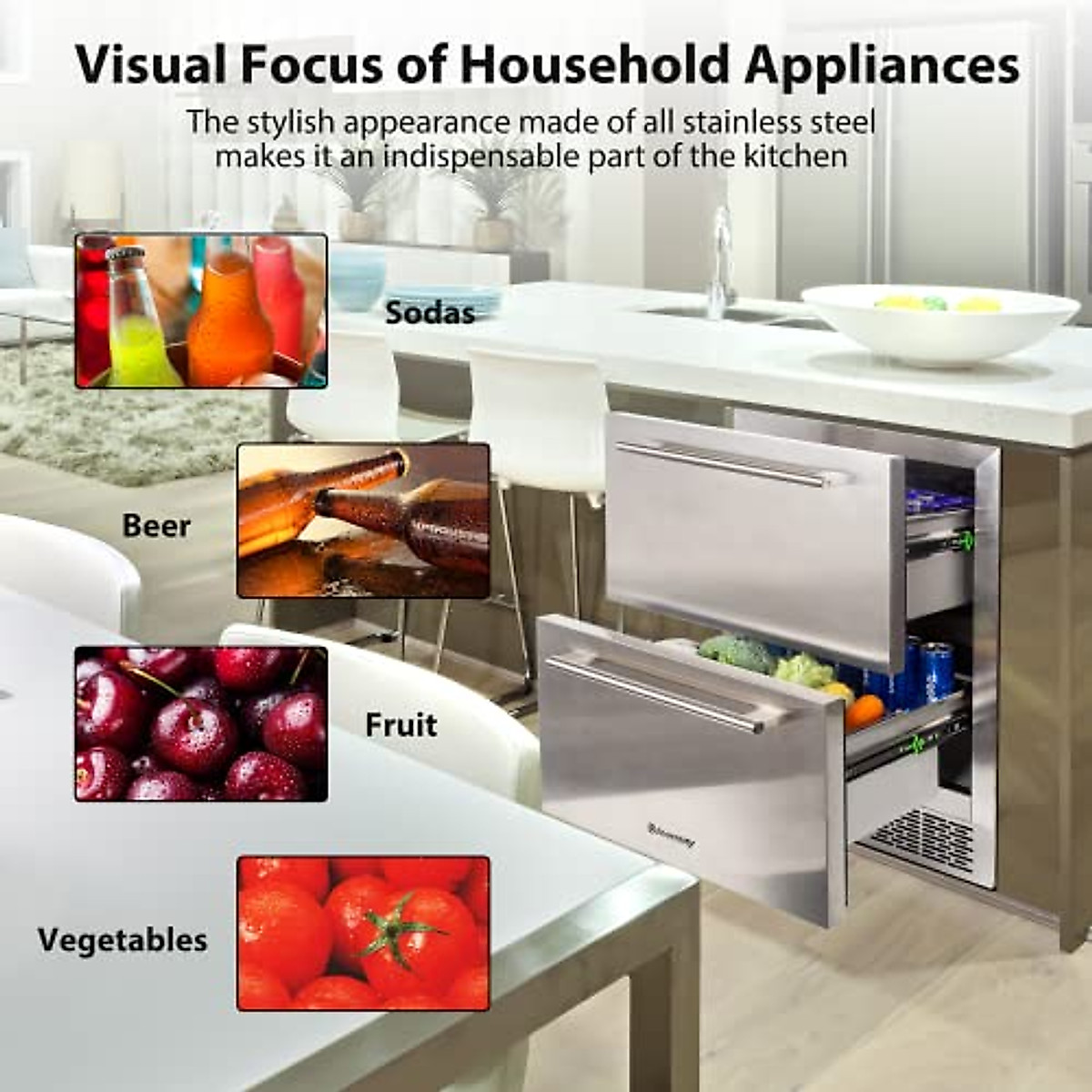 24 Inch Indoor Under Counter Drawer Fridge Stainless Steel Undercounter Refrigerator Freestanding Outdoor Fridge for Home Built-in Commercial Beverage Refrigerator with Dispenser and Digital Display