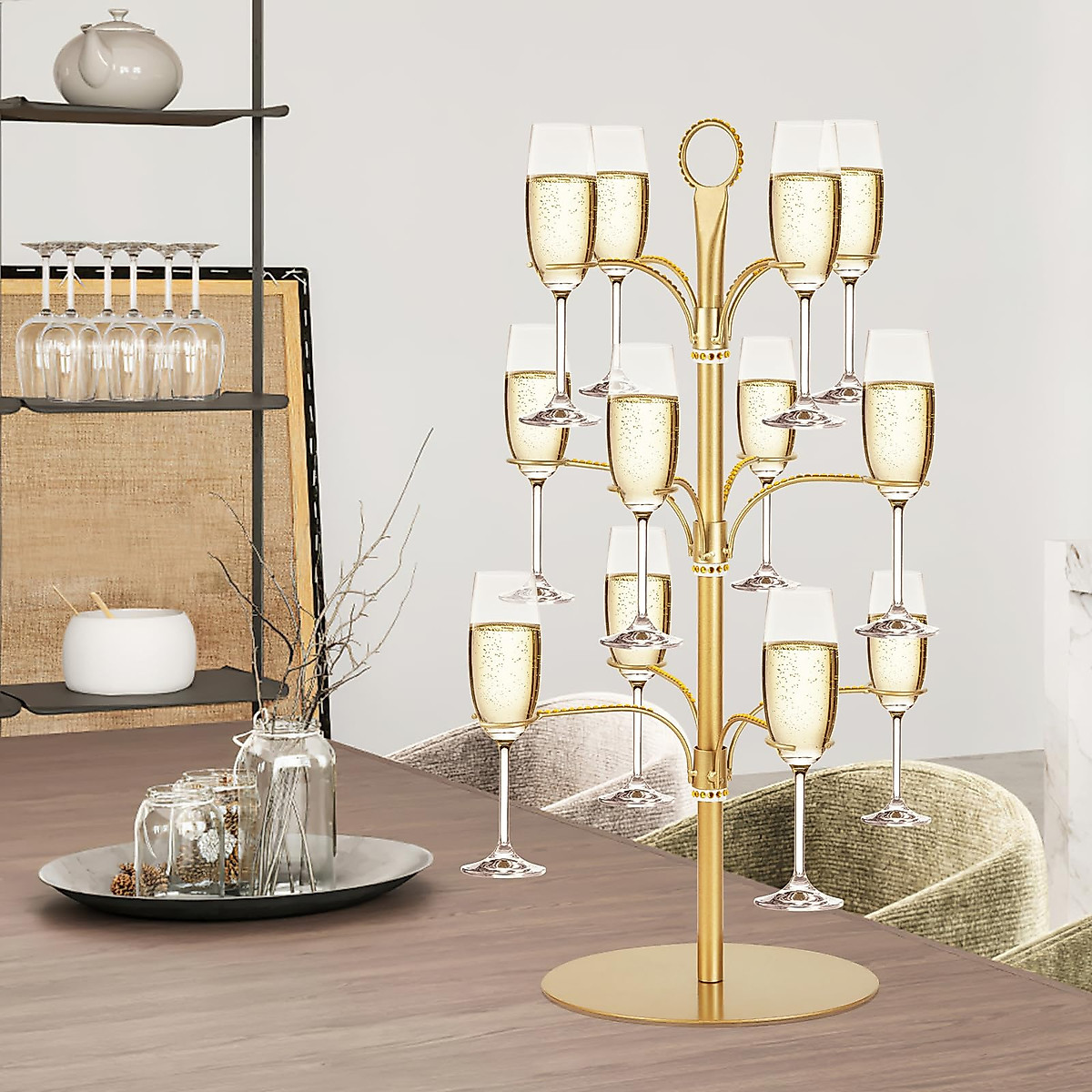 ALIMOTA Cocktail Tree Stand for Drinks Champagne Tower Wine Glasses Holder, 3 Tier 12 Holders, Bar Home Drinks Tree Display Suitable for Gin, Cocktails, Champagne, Wine