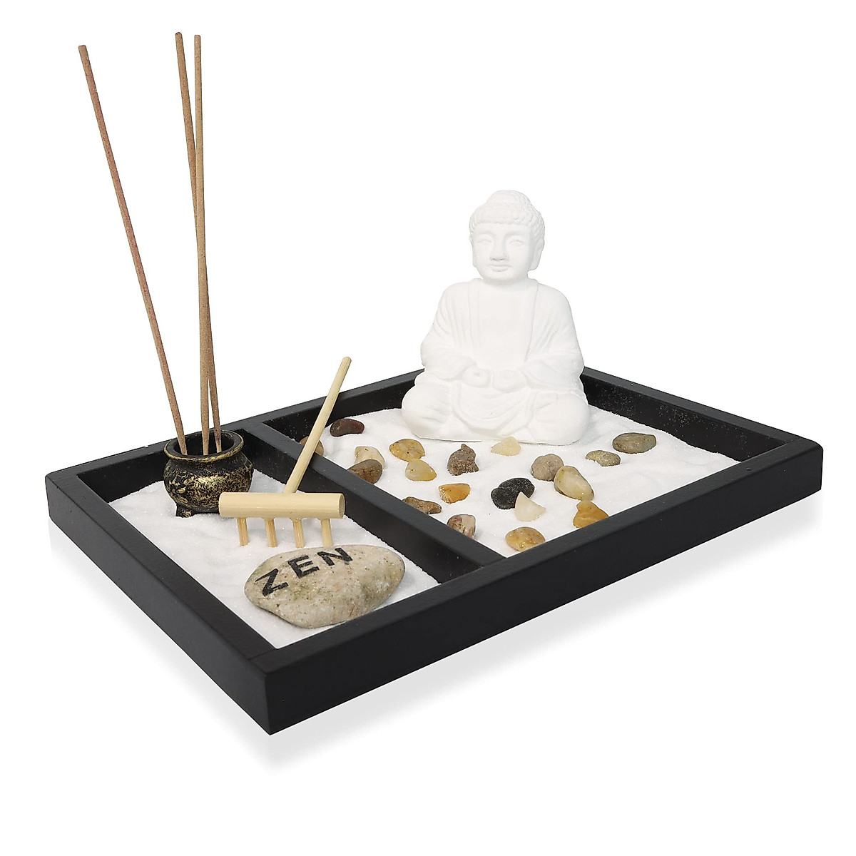 Japanese Mini Zen Garden with Incense Holder, and White Miniature Buddha Statue for Relaxation and Meditation, Perfect Home Desk Decor and Gift Set - 7" x 8.5" x 6.5"
