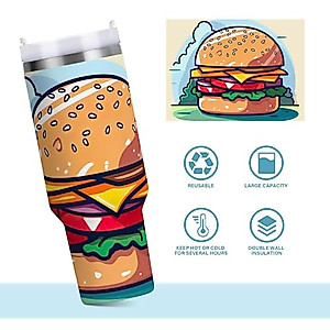 PaChyLuu 40 oz Insulated Tumbler with Handle and Straw Lid, Cartoon Burger Leak-Proof Stainless Steel Travel Coffee Mug for Car Cup Holder