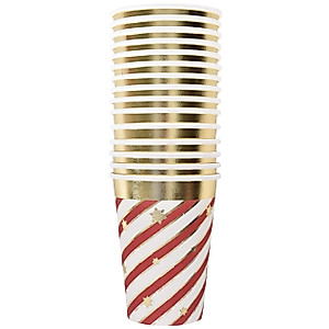 Gift Boutique 50 Disposable Christmas Cups 9 oz. Paper in Elegant Candy Cane Striped Design with Gold Foil Outline and Scattered Snowflakes for Holiday Party Supplies