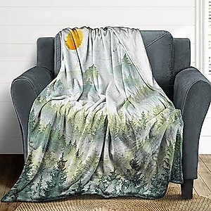 Misty Forest Mountain Blanket Lightweight FlannelWatercolor Foggy Green Rustic Woodland Landscape Birds Nature Art Throw Blanket for Women Men Soft Cozy Plush Warm Fleece Birthday Gifts 50"x60"