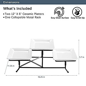 ONEMORE 3 Tier Serving Tray - Collapsible Tiered Stand and Ceramic Serving Platters - Cross Bars Included - White