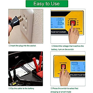 6/8/12/14/24 Volt Battery Charger Automotive, JYEASTZ Smart Car Battery Charger 0-10A, Maintainer and Fully Automatic Charger with Cable Clamps, Suitable for Cars, Golf Cart, Boats, Motorcycles, etc.