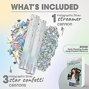 Confetti Cannon - 4 Pack Holographic Silver Party Poppers Confetti Shooters | 1x Streamer Poppers and 3x Star Confetti Poppers Bulk | Confetti Bomb Party Poppers for Celebrations | Confetti Gun for Birthday, Graduation, New Years Eve, Wedding, Photo Shoot