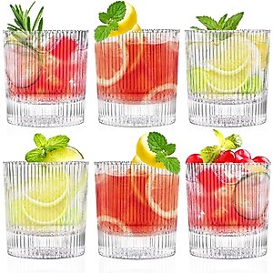 Triplorare Ribbed Glassware Set of 6, 9.5Oz Rocks Glasses, Ribbed Drinking Glasses, Vintage Ribbed Glasses, Origami Glass Cups for Whiskey, Cocktail, Mixed Drink