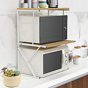 2 Tier Kitchen Countertop Microwave Oven Unit Shelving Stand Rack for Household Storage Organizer, Home Office Desktop Shelf Printer Rack Free Standing Metal Frame Wood Tabletop (Light Walnut)