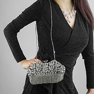 Olixi Black Clutch Purse for Women Evening Bag Lip Shape Sparkling Glitter Luxury Purse Bag with Chain Fashion Tassel Handbag for Wedding Party Cocktail Prom Formal