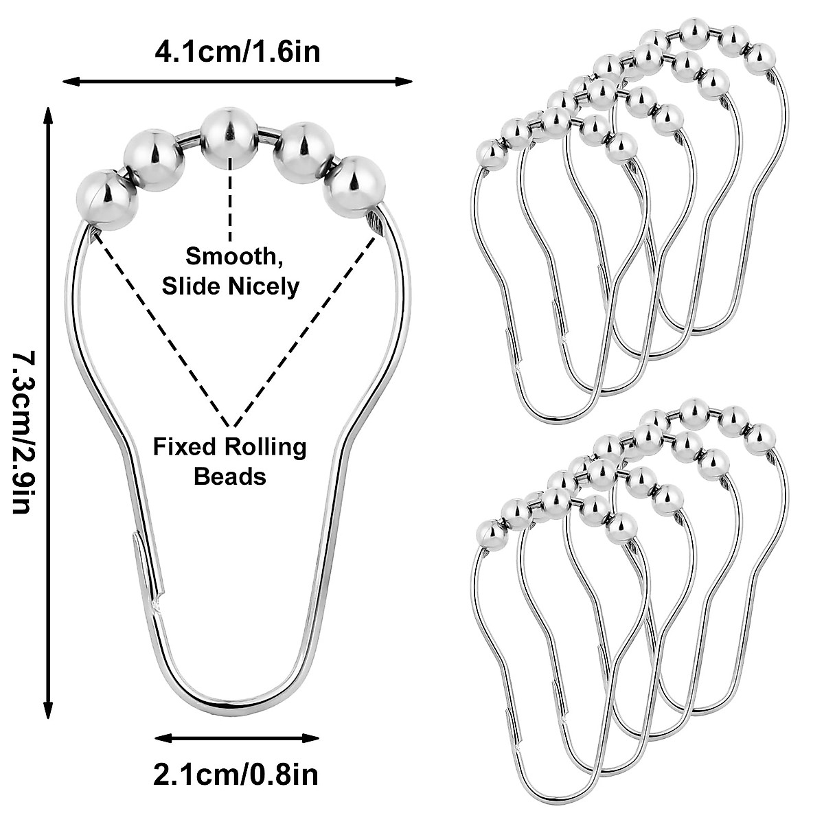 Shower Curtain Hooks Rings for Bathroom - 12 Pcs Stainless Steel (Silver Pear-Shape)