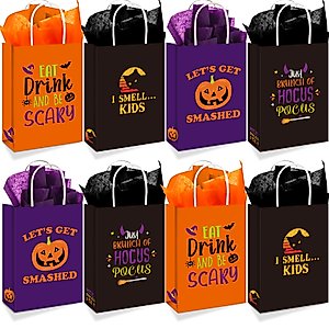Silkfly Halloween Treat Bags with Tissues 8.3'' Halloween Paper Gift Bags with Handle Trick or Treat Candy Bags Wrapping Paper for Holiday Birthday Party Goodie Snack, 4 Designs(24 Pcs)