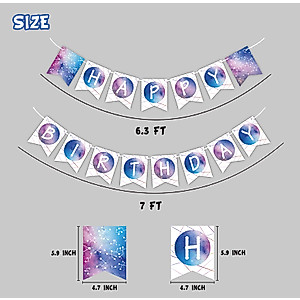 Pre-Strung Galaxy Stars Sky Birthday Banner, Ready to Hang Universe Space Bday Party Sign, Nebula Bunting