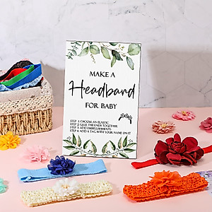 Geosar Baby Shower Games DIY Headband Making Kit Include Wooden Game Sign 60 Elastic Cute Flowers Hairbands 10 Round Fabrics with Tape for Baby Shower Guest Games(Greenery)