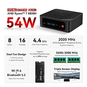 Beelink SER5 MAX Mini PC, Mini Computers with AMD Ryzen 7 5800H (8C/16T up to 4.4Ghz), 16G DDR4+500G M.2 2280 NVMe SSD, WiFi 6, 1000Mbps, BT 5.2, 4K, DP, Type-C, Radeon Graphics, TDP up to 54W