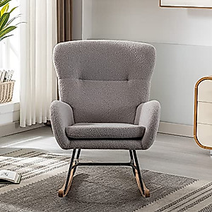 Westice Rocking Chair Rocker Glider Chair for Nursery Accent Teddy Upholstered Chair with Padded Seat & High Backrest Armchair Comfy Side Chair for Living Room Bedroom Offices (Gray)